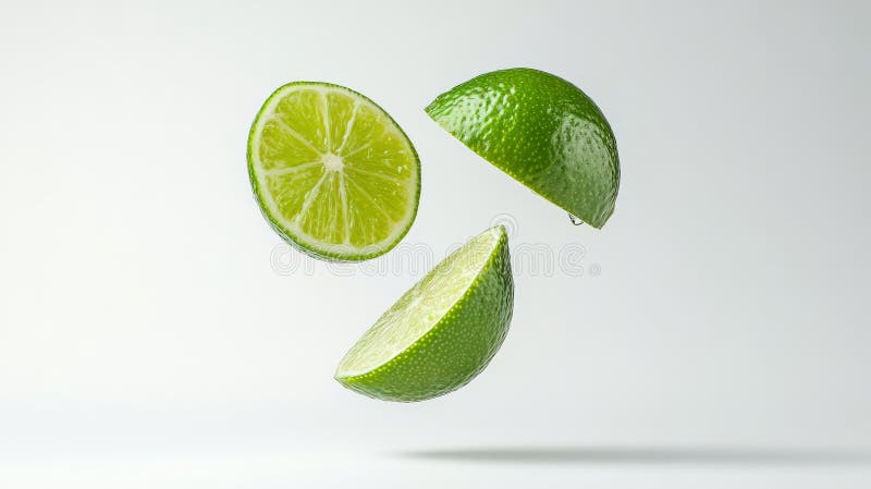 Whole and Half of Fresh Lime Fruit with Slice Falling in the Air ...