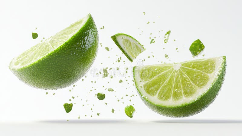 Whole and Half of Fresh Lime Fruit with Slice Falling in the Air ...
