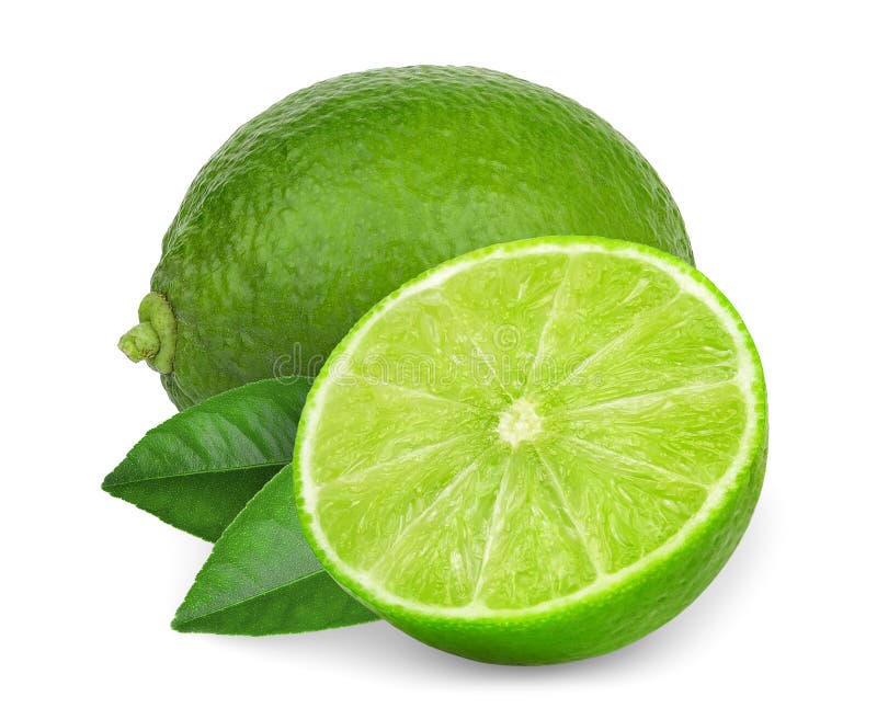 Whole and Half Green Lime with Leaves Isolated on White Stock Image ...