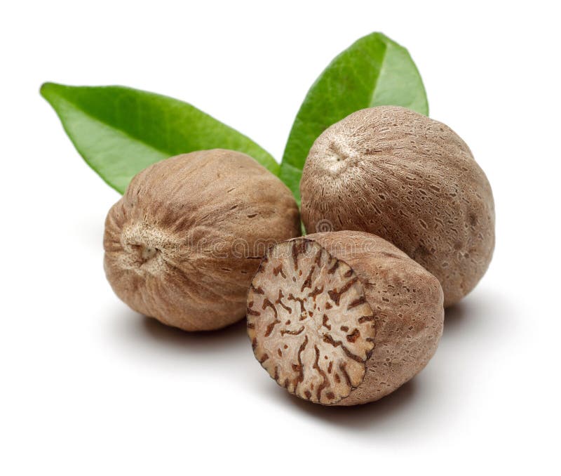 Whole and Half Nutmeg with Leaves Isolated Stock Photo - Image of fresh ...