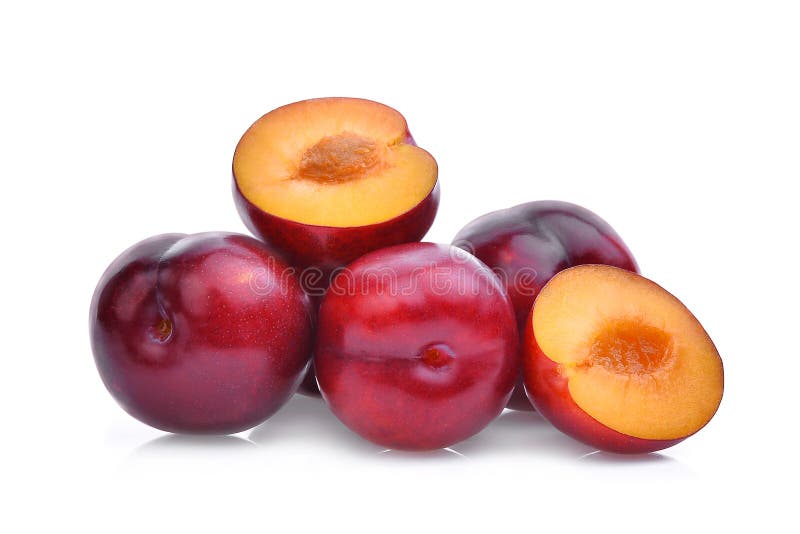 Whole and Half of Red Cherry Plums Isolated on White Stock Photo ...