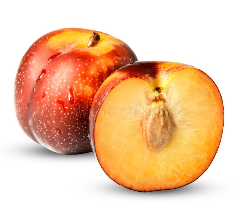 Red Round Plum. Whole and Half. Isolated on White Close-up. Stock Photo ...
