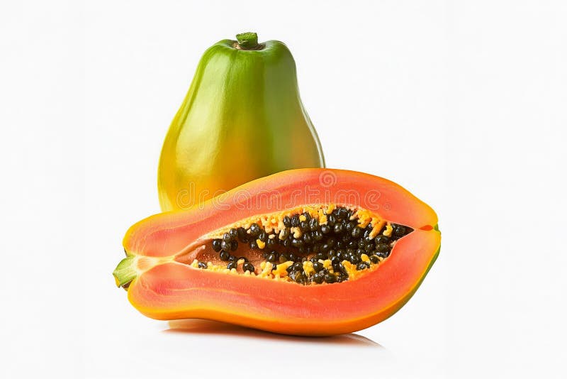 Whole and Half of Ripe Papaya Fruit with Seeds Isolated on White ...