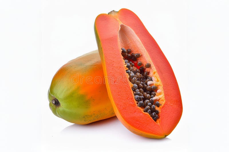 Whole and Half of Ripe Papaya Fruit with Seeds Isolated on White ...