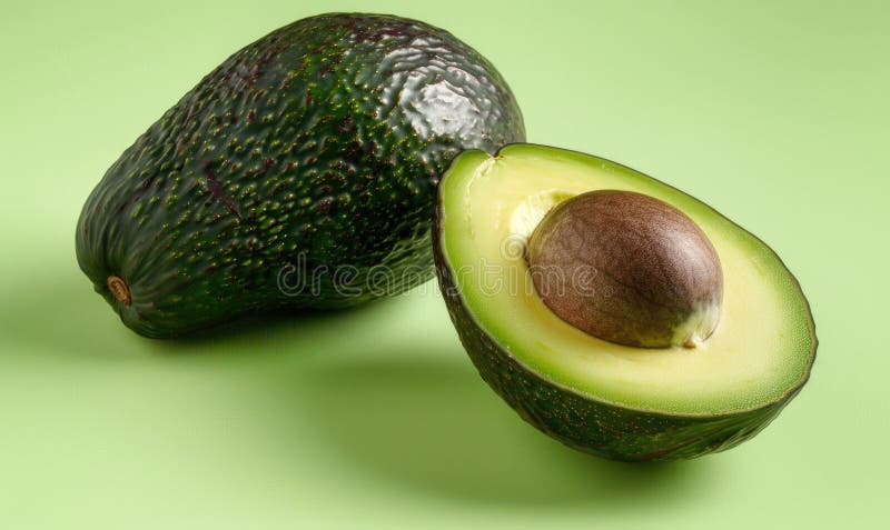 Whole and Halved Avocado with Pit on a Pastel Green Background Stock ...