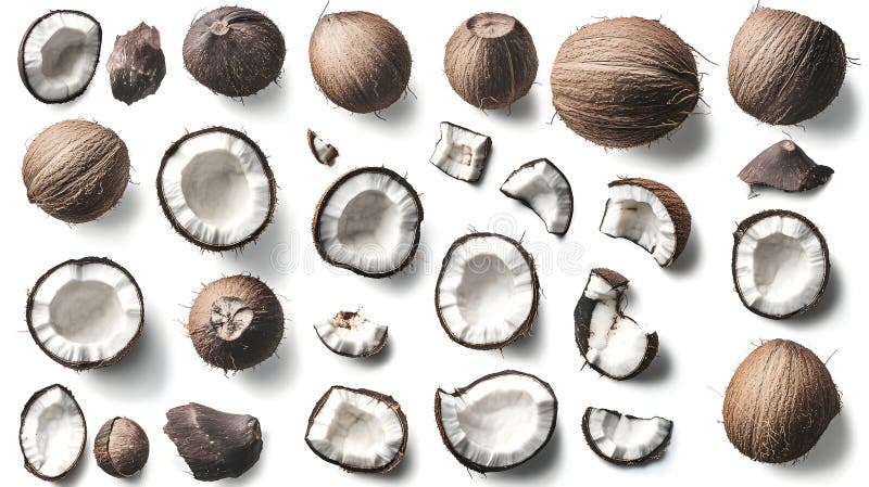 Whole and Halved Coconuts on White Background Stock Illustration ...
