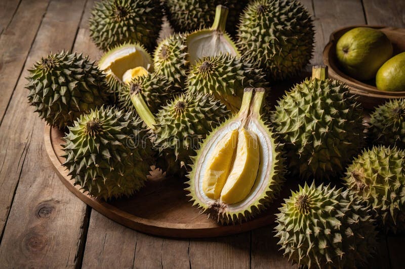 Whole and Halved Durians Arranged on a Rustic Wooden Table Stock ...
