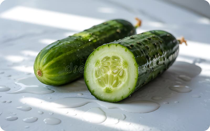 Whole and Halved Fresh Cucumbers with Water Drops on Light Surface in ...