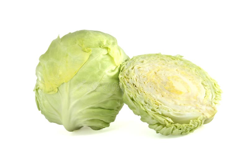 Whole and Halved Green Cabbage Displayed on a White Background Stock ...