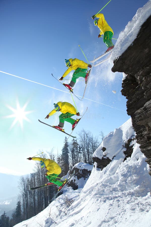 The Whole Jump of Skier from Cliff Stock Image - Image of jump, blue ...
