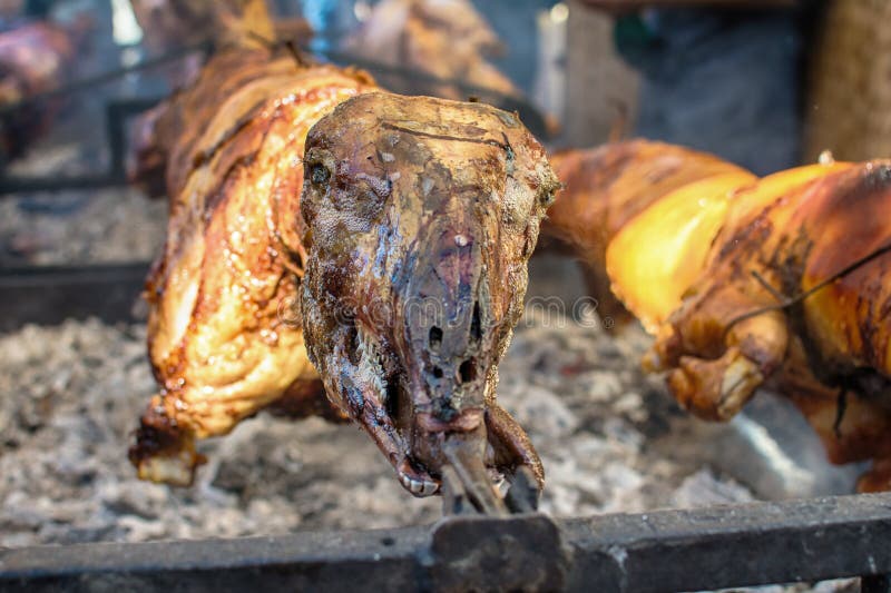 A Whole Lamb Being Roasted on a Fire Stock Image - Image of meal ...