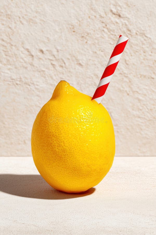 Whole Lemon with Red Straw Positioned on Light Countertop Creating Hard ...
