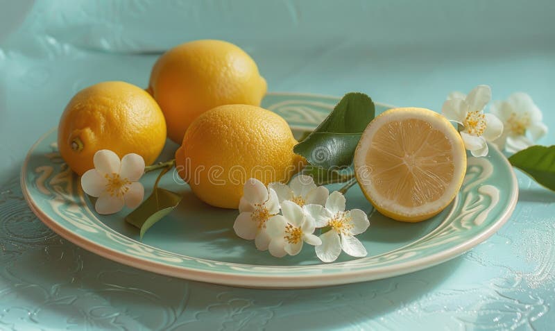 Whole Lemons Lemon Flowers Pastel Green Plate Stock Photos - Free ...