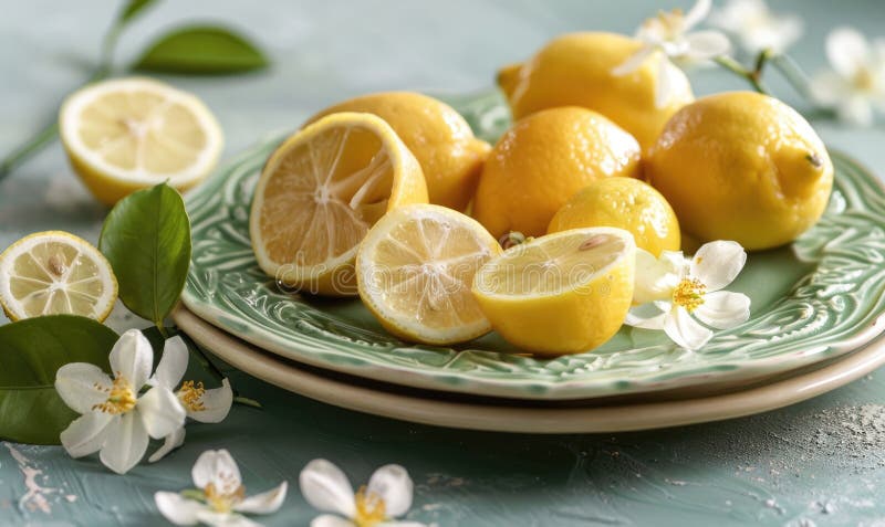 Whole Lemons with Lemon Flowers on a Pastel Green Plate Stock Image ...