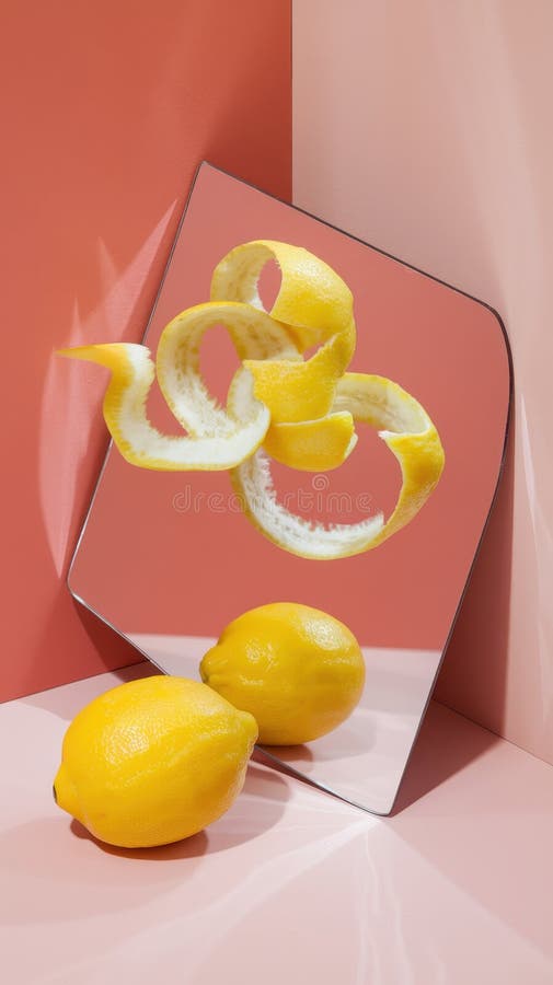 Whole Lemons and Peeled Lemon Reflected in Round Mirror, Pink Backdrop ...