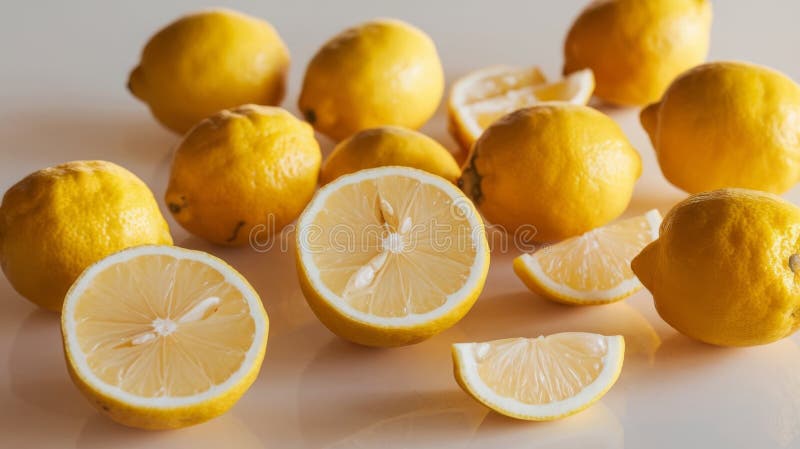 Whole Lemons and Sliced Lemon Halves Arranged on a Bright Surface Stock ...