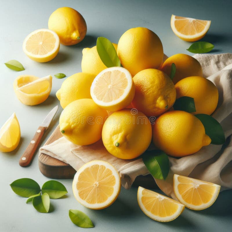 Whole Lemons and Sliced Lemon Halves Arranged on a Bright Surface Stock ...