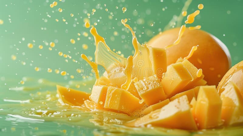 Whole Mango Fruit Split Splash Juice Green Background Stock Photos ...