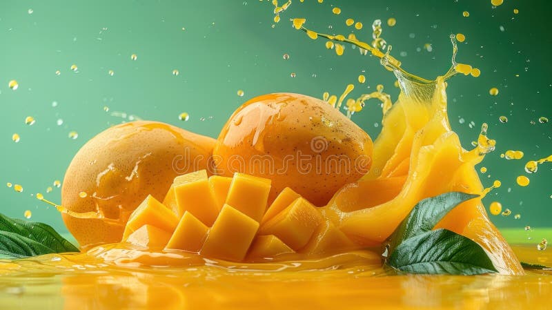 Whole Mango Fruit and Split Mango Fruit with a Splash of Mango Juice on ...