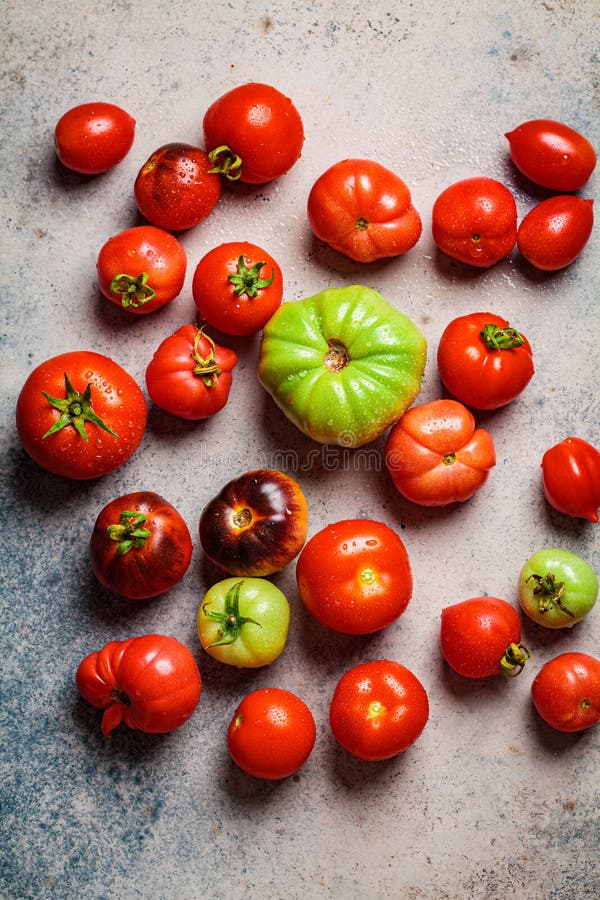 Whole Multi-colored Ripe Tomatoes on Dark Blue Background, Top View ...