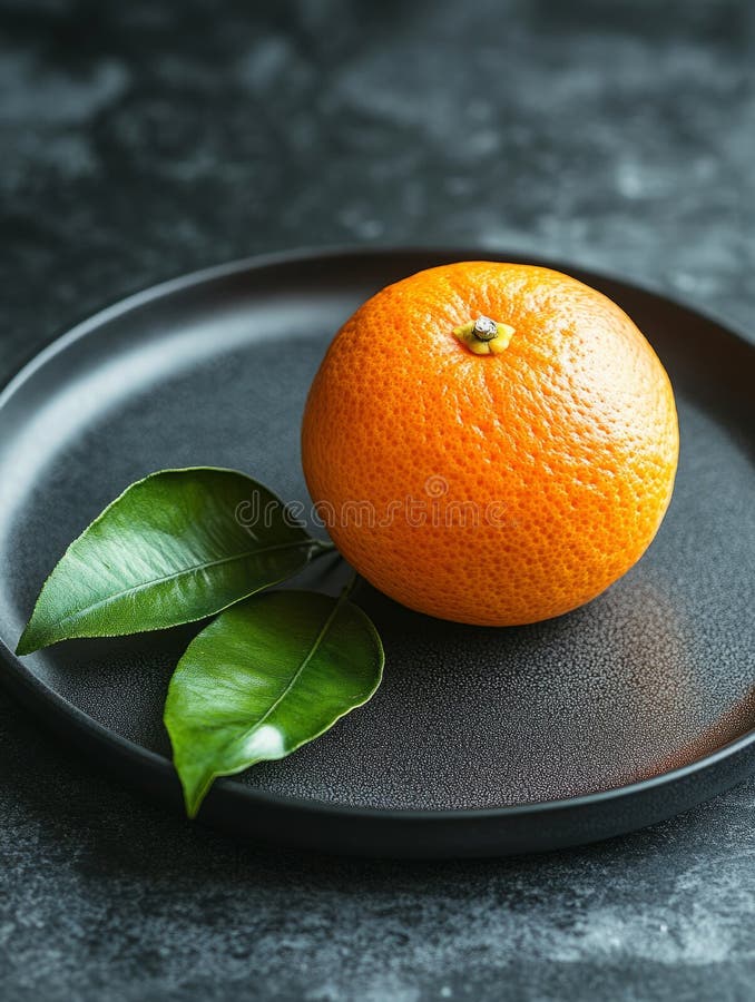 Whole Orange with Leaves on Black Plate, Dark Background. Stock Image ...