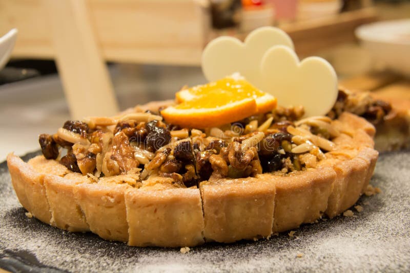 Whole pecan pie on plate stock image. Image of sweet - 96960721