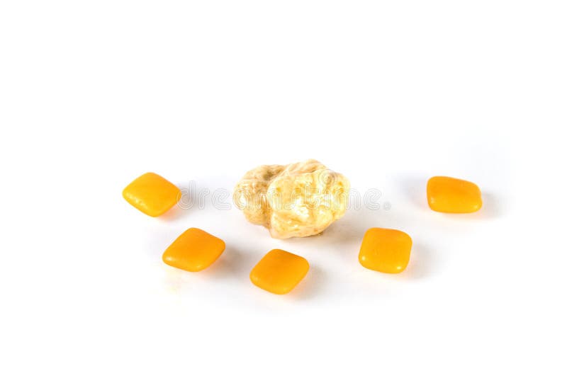 Whole Pieces and Chewed Orange Bubble Gum Isolated Over White Stock ...