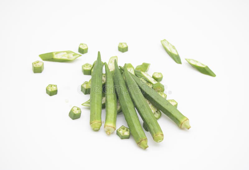Whole and Pieces Lady Finger Over on White Background Stock Image ...
