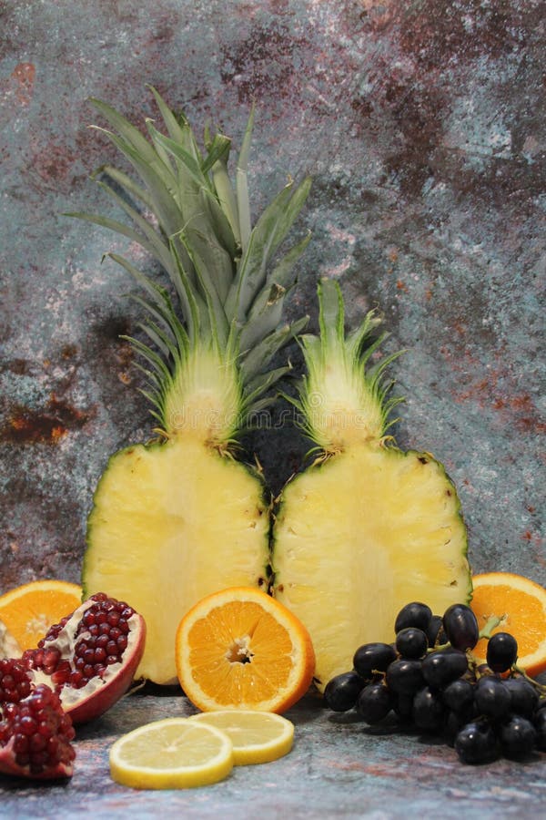 Whole Pineapple Cut in Half, Two Pieces of Pineapple Halves, Vertically ...