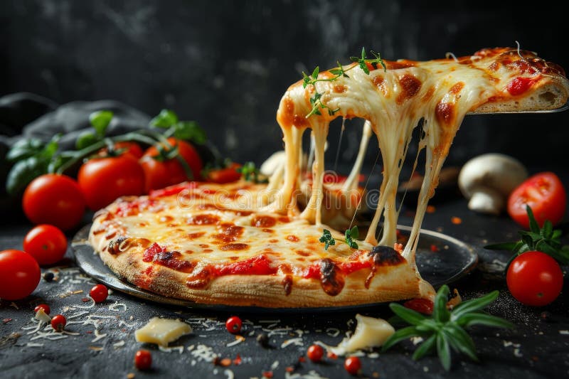 Whole Pizza with Cheese Pull on a Wooden Board Stock Image - Image of ...