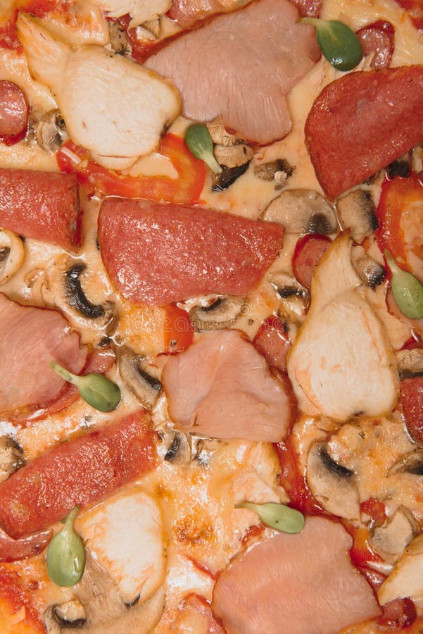 Whole Pizza with Different Meat Toppings Stock Photo - Image of ...