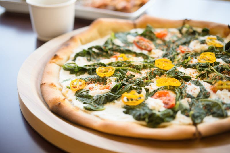 Whole Pizza with Spinach and Ricotta, White Sauce Stock Illustration ...