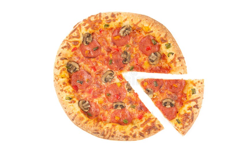 Whole Pizza Top View with a Slice Cut Stock Image - Image of pizza ...