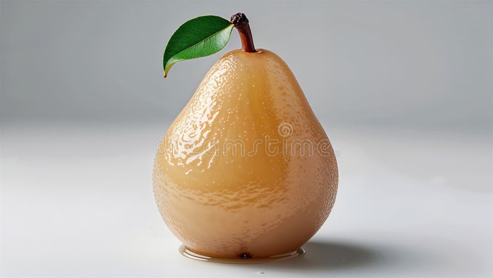 Whole Poached Pear with Shiny Surface and Intact Stem Shown Vertically ...