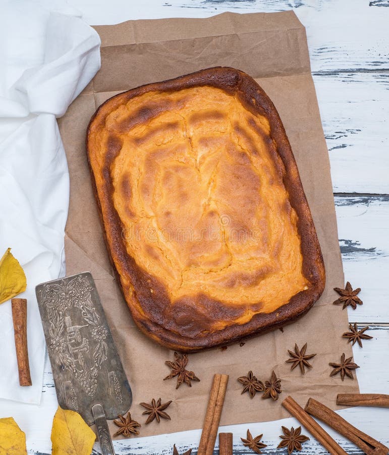 Whole Rectangular Pie of Cottage Cheese and Pumpkin Stock Photo - Image ...