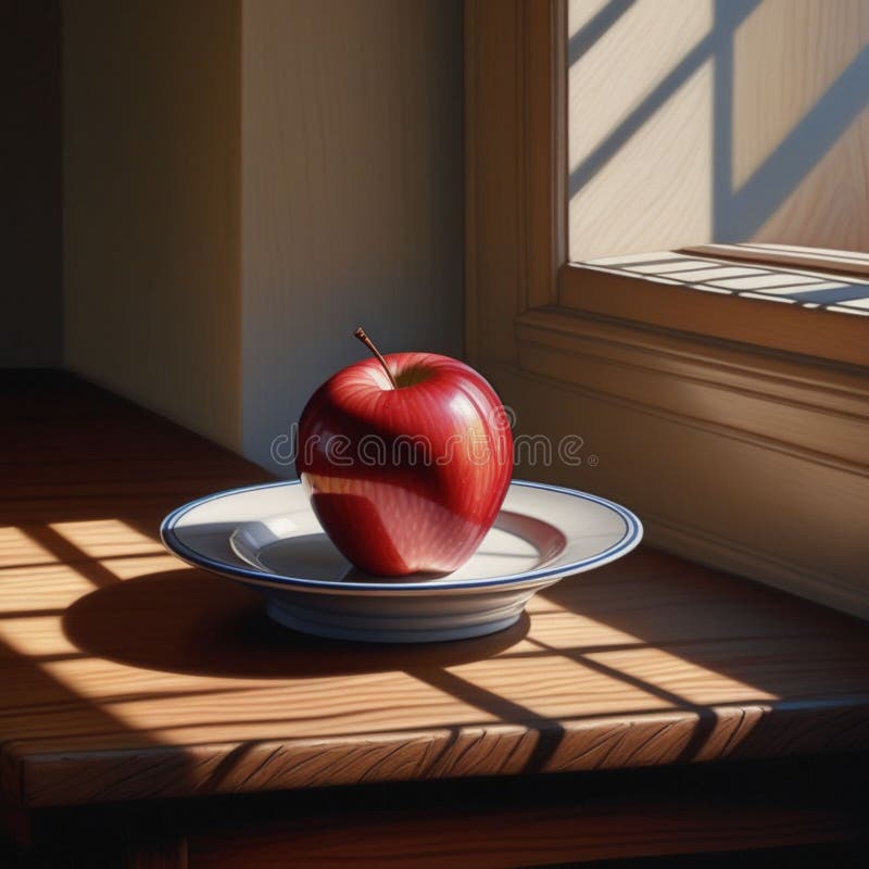 Whole red apple on a plate stock illustration. Illustration of ...