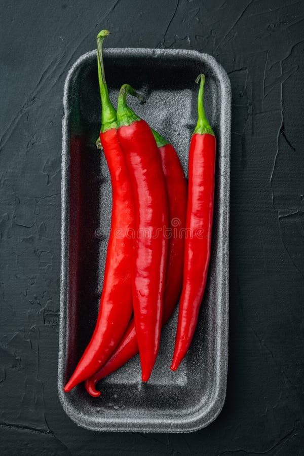 Whole Red Chili Peppers, on Black Background, Top View or Flat Lay ...