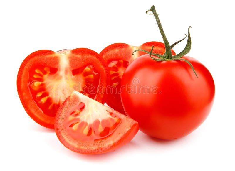 A Whole Red Tomato and Pieces of Tomato are Isolated on a White ...