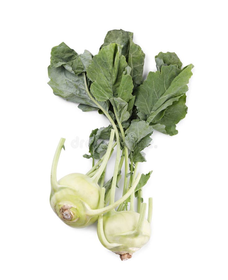 Whole Ripe Kohlrabies with Leaves on White Background, Top View Stock ...