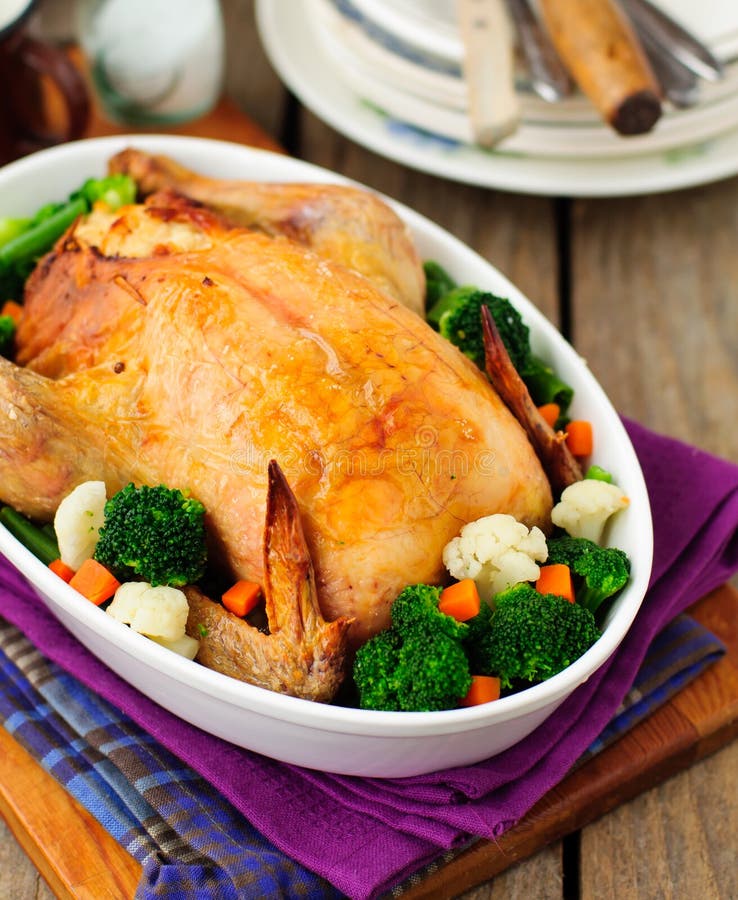 Whole Roast Chicken Stuffed with Bread and Cheese Served with St Stock ...