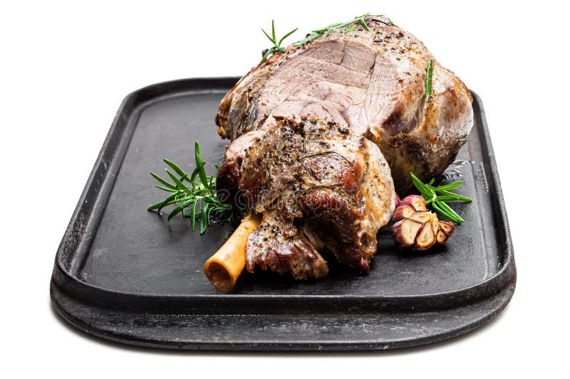 Whole Roast Lamb Leg on Grill Tray Isolated on White Stock Photo ...