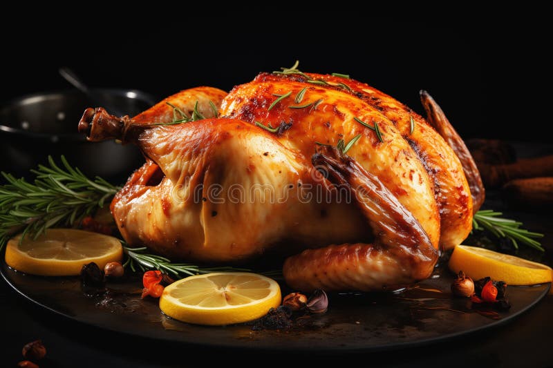 Whole Roasted Chicken on Dining Table. Grilled Chicken on Dish Stock ...
