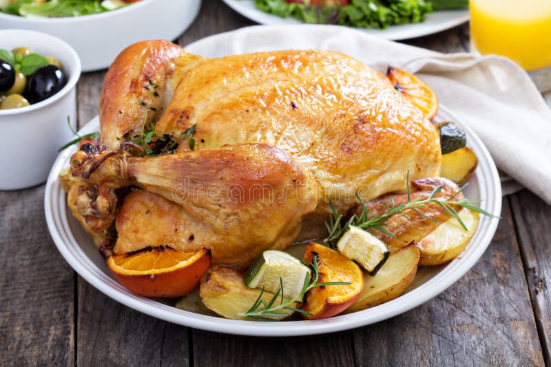 Whole Roasted Chicken on Dinner Table Stock Photo - Image of christmas ...