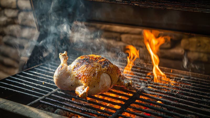 A Whole Roasted Chicken Grilling Over an Open Flame, Emitting Smoke ...