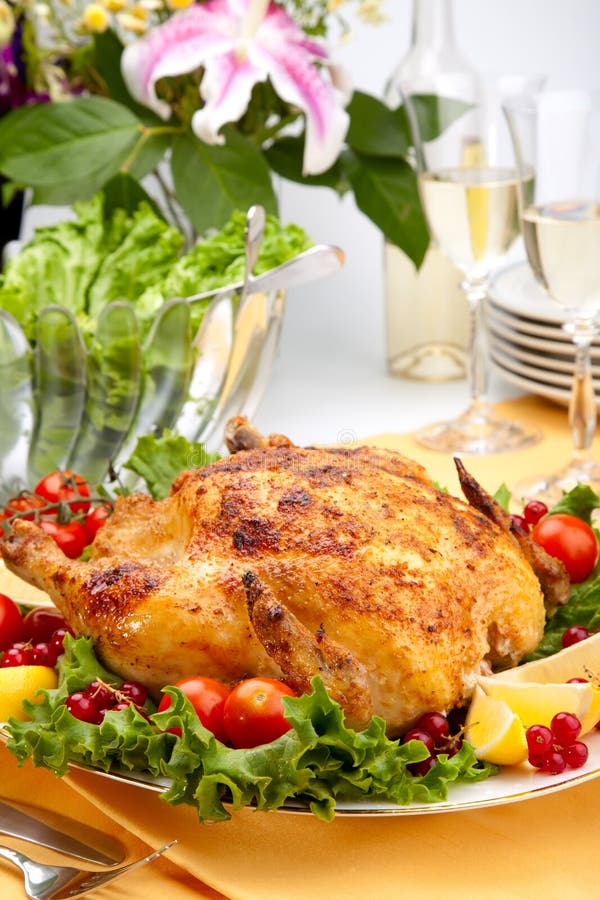 Whole Roasted Chicken on Table Stock Photo - Image of kitchen, meat ...