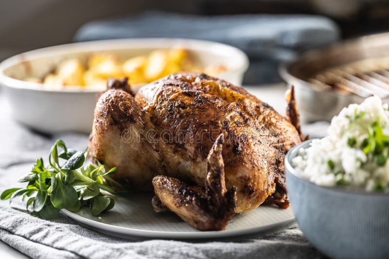 A Whole Roasted Chicken on the Table Together with Jasmine Rice and ...