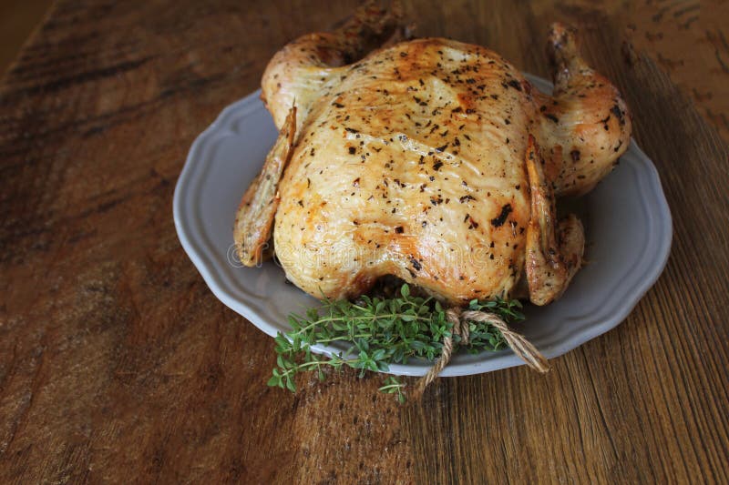Whole Roasted Chicken on Wooden Rustic Table Stock Image - Image of ...