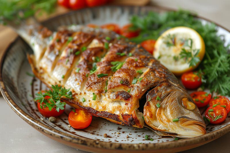 Whole Roasted Fish with Tomatoes Pieces Garnish of Parsley Stock ...