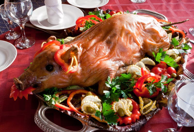 Whole roasted piglet stock image. Image of lemon, decorated - 17766477