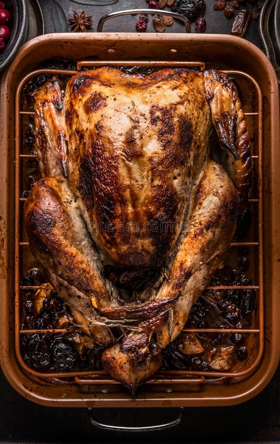 Whole Roasted Stuffed Turkey in Baking Tray . Top View. Close Up Stock ...
